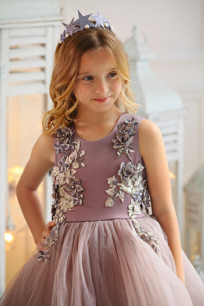 Elegant Long Purple Flower Girl Dress With A Double Tulle Skirt And
